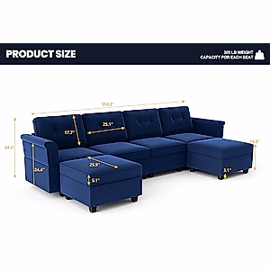 Belandi Modular Sectional Sofa Couch, U-Shaped Sleeper Couch with Reversible Chaise, Modular Sectionals with Ottomans, 6-Seat Sofa Set with Storage for Living Room, Blue