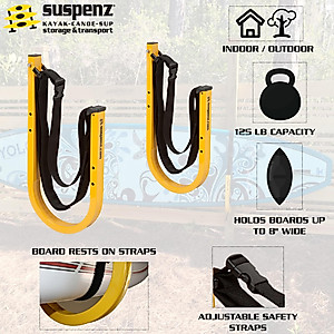 Suspenz SUP Wall Storage Rack, Stand Up Paddle Board and Surfboard Holder/Hook with Safety Straps, Yellow, (11-0701)