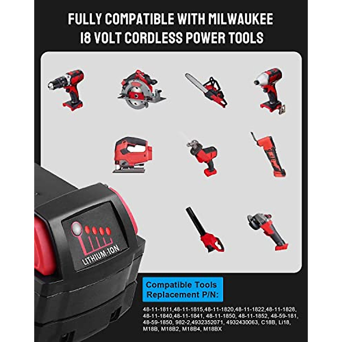 6.0Ah Replacement Battery Compatible with Milwaukee 18 Volt Battery 18V XC M-18 48-11-1820 48-11-1850 48-11-1815 48-11-1852 48-11-1822 48-11-1828 48-11-10 48-11-1811 48-11-1840 Cordless Power Tools