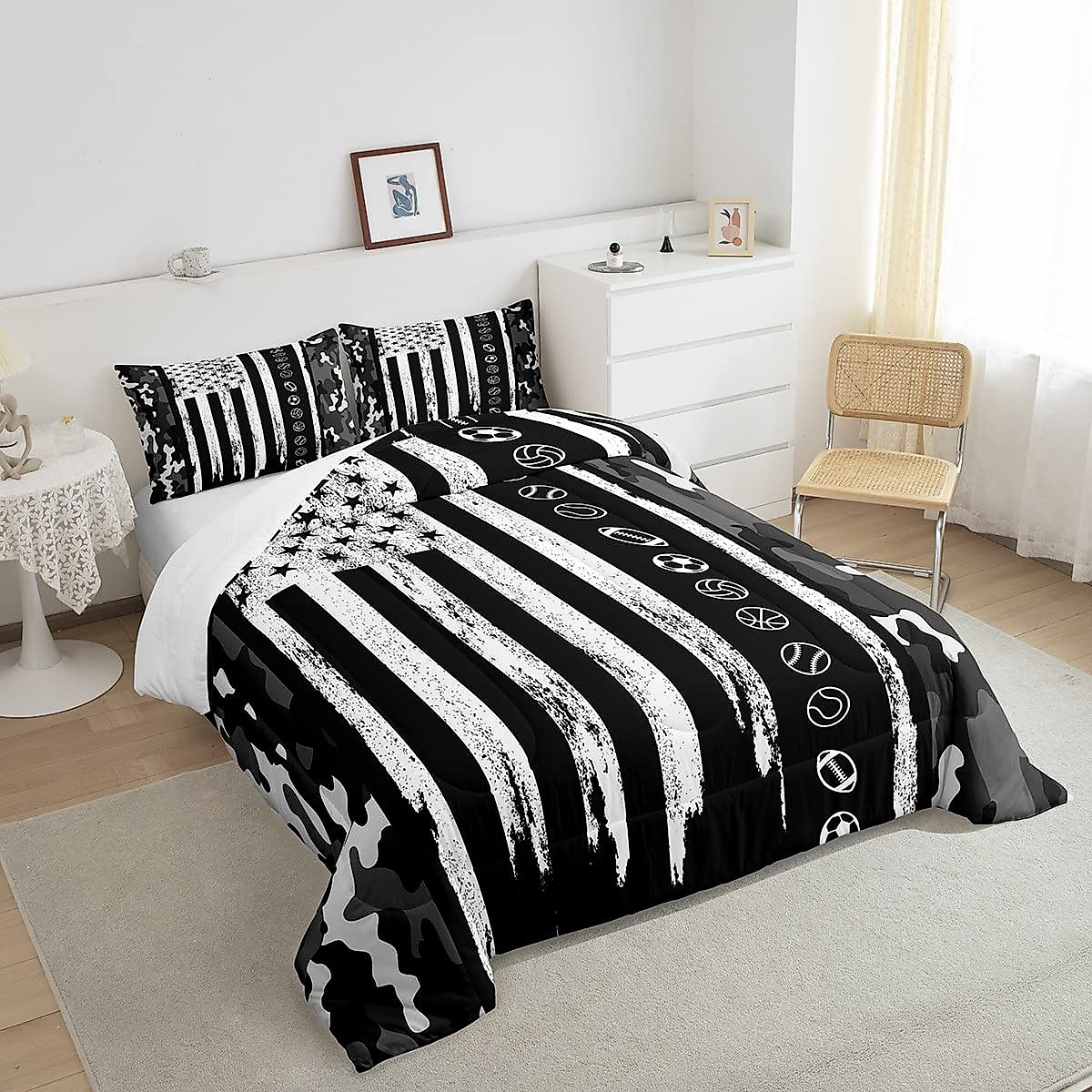 Feelyou Black Camo Comforter Set Camouflage Bedding Set Military Style Comforter Baseball Football Quilted Duvet Set for Kids Boys Girls Adults Twin Size with 1 Pillow Case