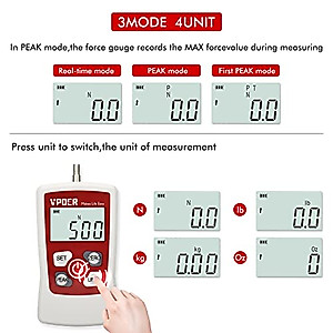 VPOER Digital Force Gauge Push Pull Gauge Tester Portable Force Meter with Maximum Load Value 500N 50kg 110Lb 1800Oz Auto Backlit LCD, Auto Power-Off (VDFG-500N)