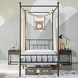 Yaheetech Metal Canopy Platform Bed Frame Four-Poster Canopied Bed Mattress Foundation with Headboard and Footboard Sturdy Slatted Structure No Box Spring Needed Easy Assembly Twin Black