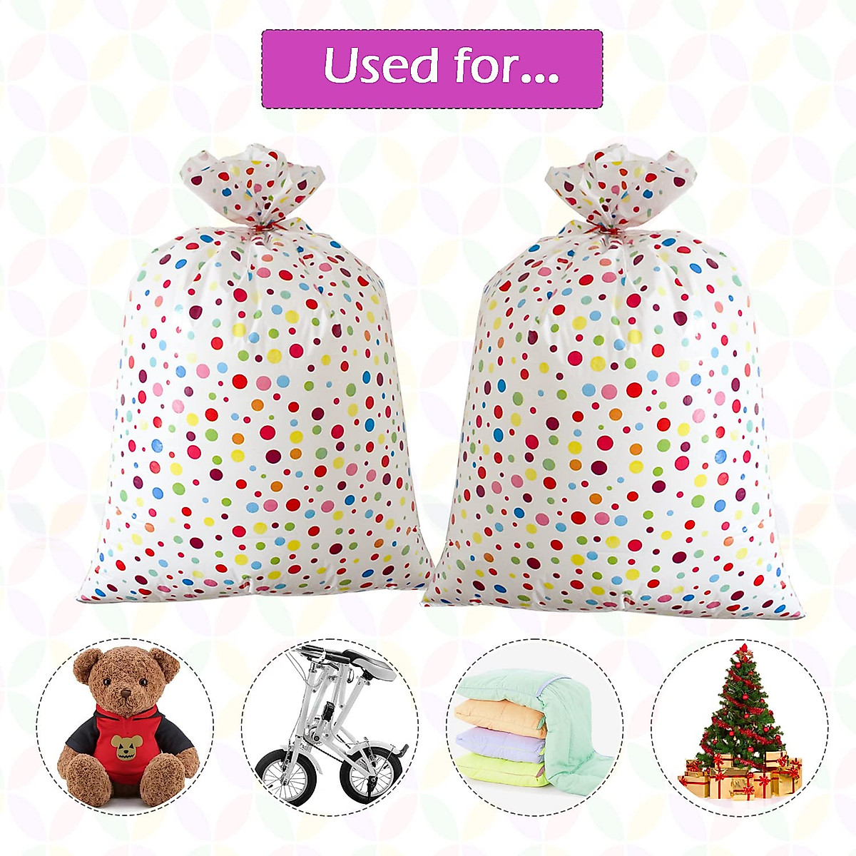 2 Pieces Large Plastic Gift Bags(36x56inch), Jumbo Present Bags with Dot Pattern and Pull Flowers for Huge Gifts , Reusable Giant Wrap Bags with Rope for Baby Shower, Birthday, Party, Wedding, Engagement Party, Christmas