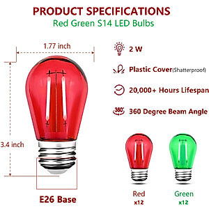 GUILEDUO 24 Pack S14 LED Red Light Bulb Green Light Bulb, Shatterproof 2 Watt Red Green String Light Bulbs Plastic Waterproof E26 Base Filament Edison Outdoor Replacement Christmas Light Bulbs, 120V