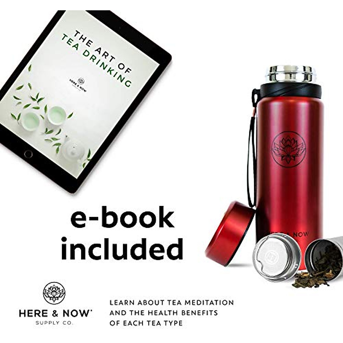 25 oz Multi-Function Travel Mug and Tumbler | Tea Infuser Water Bottle | Fruit Infused Flask | Hot & Cold Double Wall Stainless Steel Coffee Thermos | by Here & Now Supply Co. (Sacred Red)