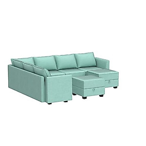 HONBAY Modular Sectional Sofa with Storage Seat Oversized U Shaped Modular Couch with Reversible Chaise Sectional Sleeper Sofa with Ottoman for Living Room, Aqua Blue