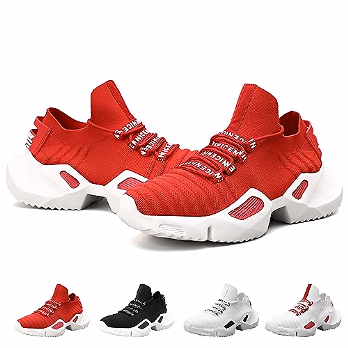 Men's Knit Lace Up Casual Sneakers Running Shoes,Fashion Breathable Mesh Slip On Platform Non-Slip Athletic Walking Shoes Outdoors Gym Training Shoes (Red,11.5)