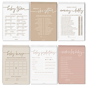Baby Shower Games - Set of 6 Boho Baby Shower Games for 25 Guests, Boy or Girl, Double-Sided Cards, Gender Neutral