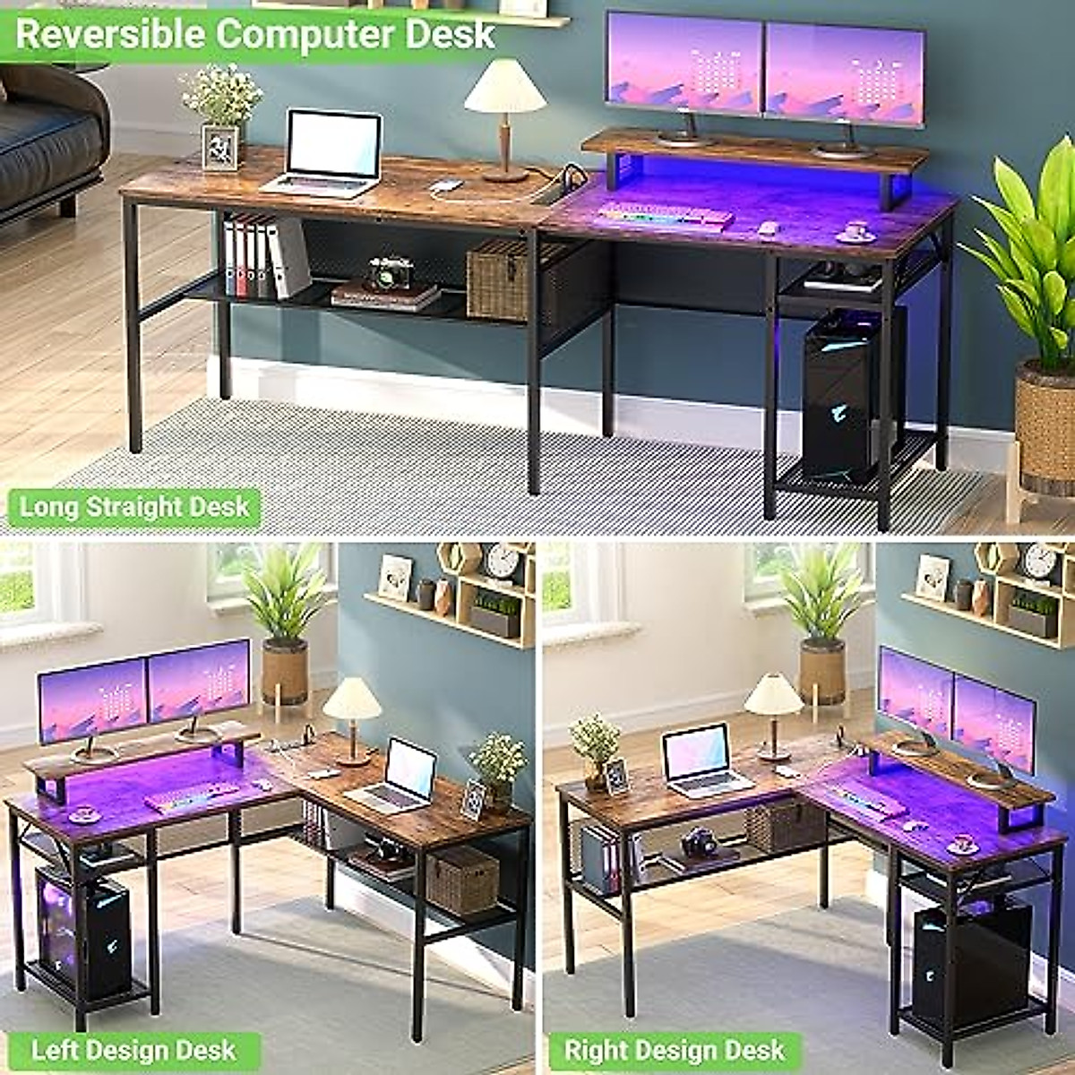 Unikito L Shaped Desk with Magic Power Outlets and Smart Strip Light, Reversible 55 Inch Corner Computer Desk with Monitor Stand, Unique Grid Design, Office Table with Storage Shelves, Rustic Brown