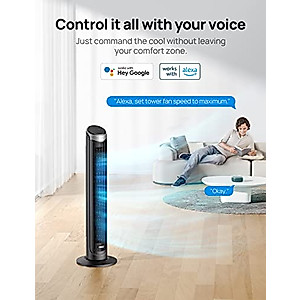 Dreo Smart Tower Fan for Bedroom, Standing Fans for Indoors, 90° Oscillating, 26ft/s Velocity Quiet Floor Fan with Remote, 8H Timer, Voice Control Bladeless Fans for Indoors, Works with Alexa