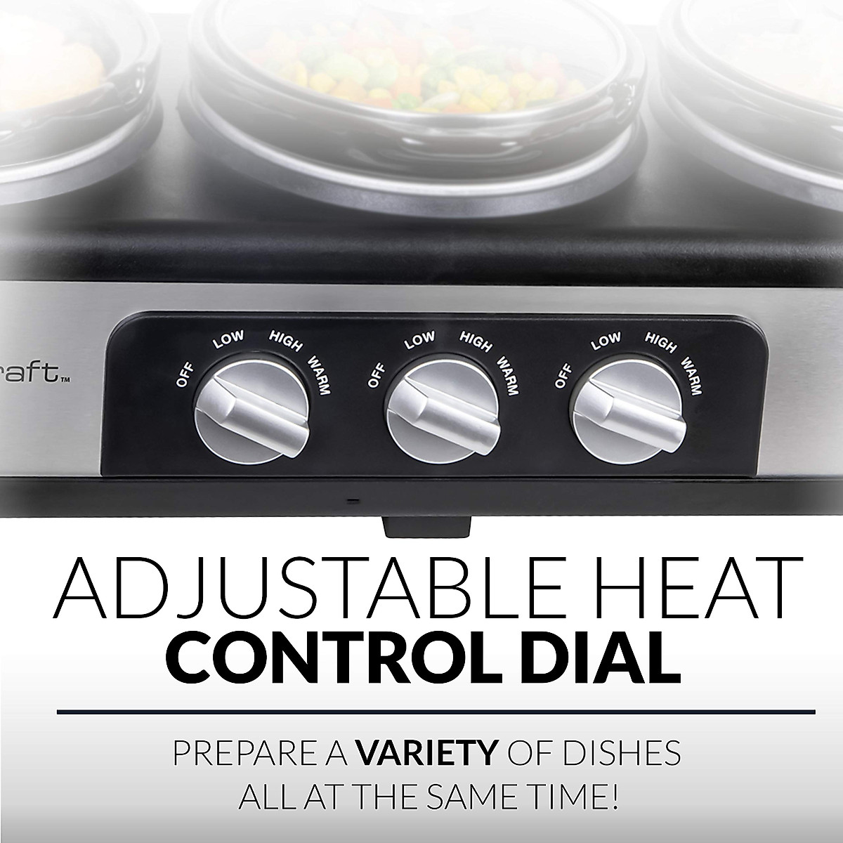 HomeCraft HCTSC15SS Stainless Steel 3-Station 1.5-Quart Oval Slow Cooker Buffet, with Lid & Spoon Rest, Adjustable Heat Control, Perfect for Parties, Holidays, Families