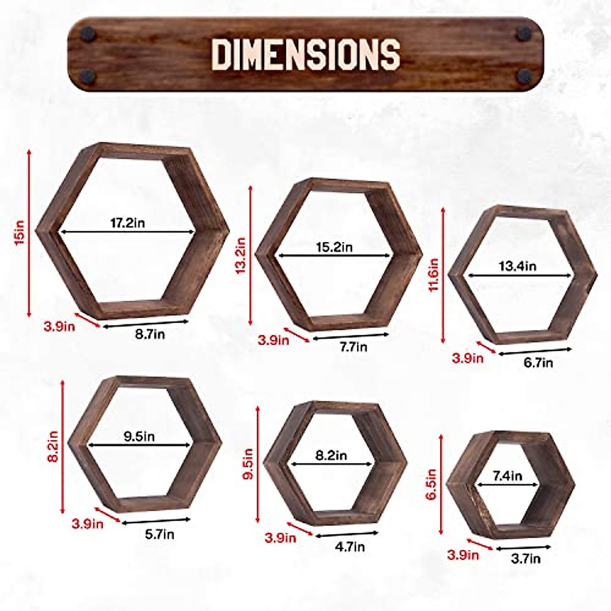 6 Piece - Hexagon Shelves Set | Honeycomb Floating Wooden Shelves | Great Hanging Shelf Option for Home or Office Wall Decor - Dark Brown