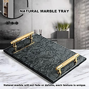 Kisspring Natural Marble Tray with Golden Embossed Handle,Stone Bathroom Tray, Decorative Tray with Metal Handle for Bathroom Kitchen Vanity Dresser Nightstand Desk, (White)