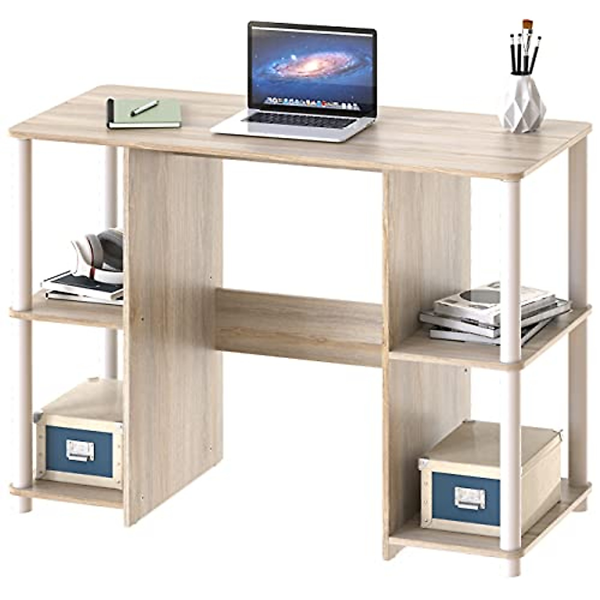 SHW Home Office Wood Desk with Double Sided Shelves, Oak