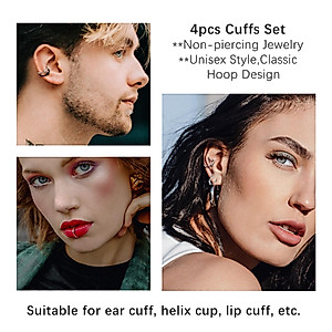 Jovivi 2 pairs 16g Stainless Steel Fake Lip Ear Nose Stud Ring Clip On Cartilage Non Piercing Rings Hoop Gothic