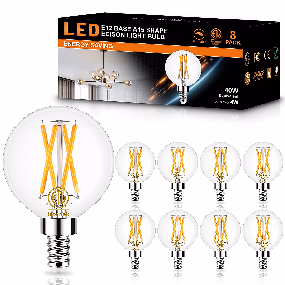 winshine E12 LED Bulb, 40W Equivalent, 3000K Soft White, Dimmable Candelabra LED Light Bulbs for Chandelier, Edison A15 LED Light Bulbs E12 Small Base for Ceiling Fan, 120V, CRI85+, 400LM, 8 Pack
