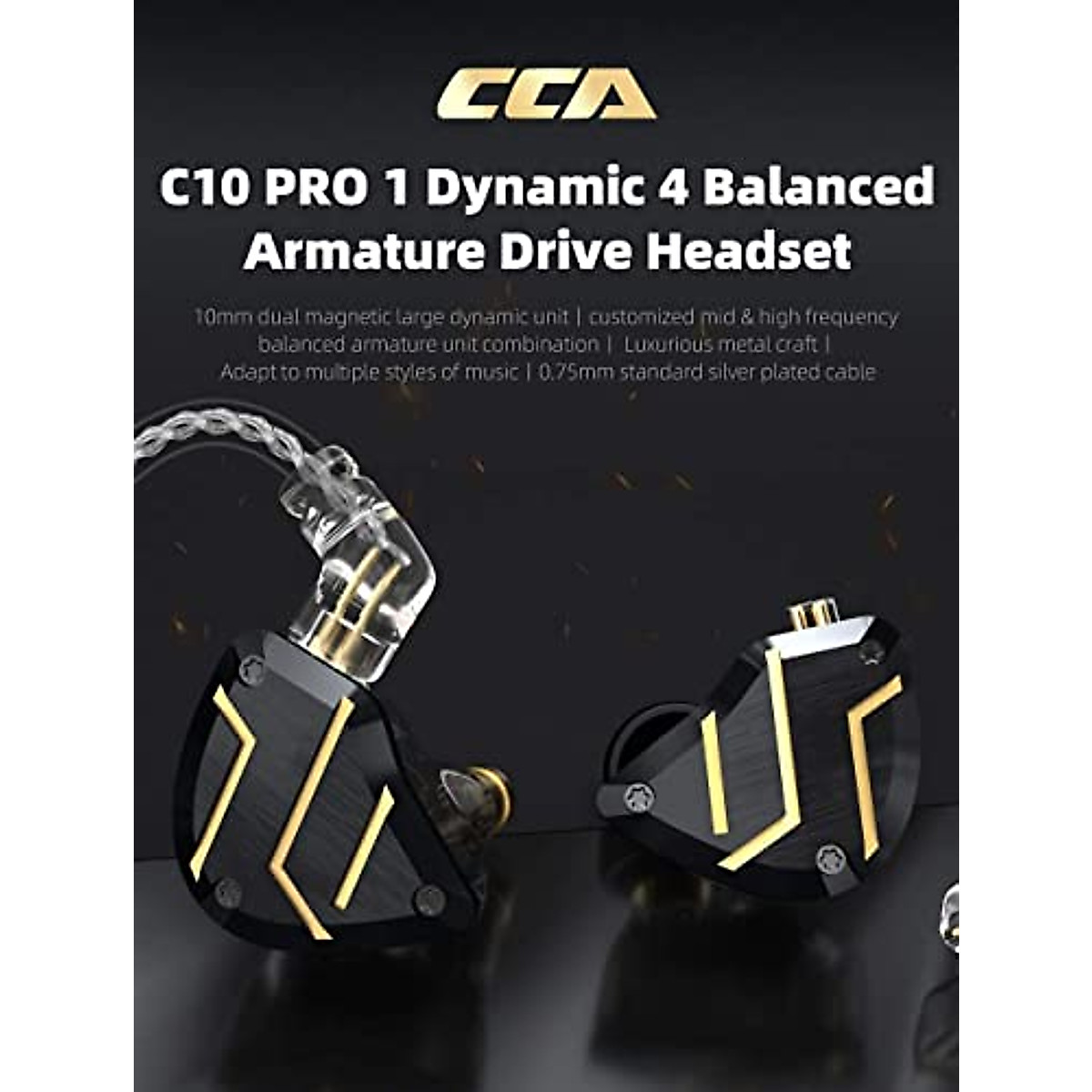 CCA C10 Pro in Ear Monitor,HiFi 1DD 4BA Hybrid Five Drivers in-Ear Earphone,Aluminum Alloy Shell+Resin Cavity Wired Earbuds with 0.75mm CPin Gold Plated Detachable Cable (No Mic, C10pro Black)