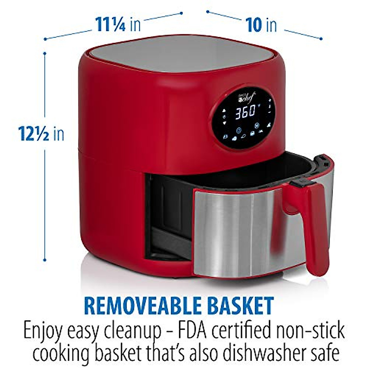 Deco Chef 3.7QT Digital Air Fryer with 6 Cooking Presets, LED Touch Controls, Adjustable Temperature and Time, Detachable Dishwasher Safe Non-Stick Basket, Red