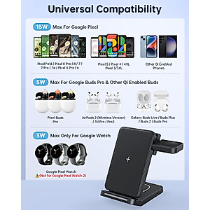 Houflody 3 in 1 Foldable Wireless Charging Station for Google Pixel Watch 1, Pixel Buds Pro and Google Phones Fold/8 Pro/8/7 Pro/7a/7/6 Pro/6/5/4/3/XL, Wireless Charger with QC 18W Adapter, Black