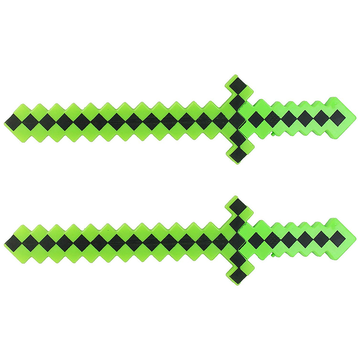 Hunson Pack of 2 Color Led Flashing & Sound Light Up Classic Diamond Pixel 8 Bit Toy Swords, Green, 24 Inches