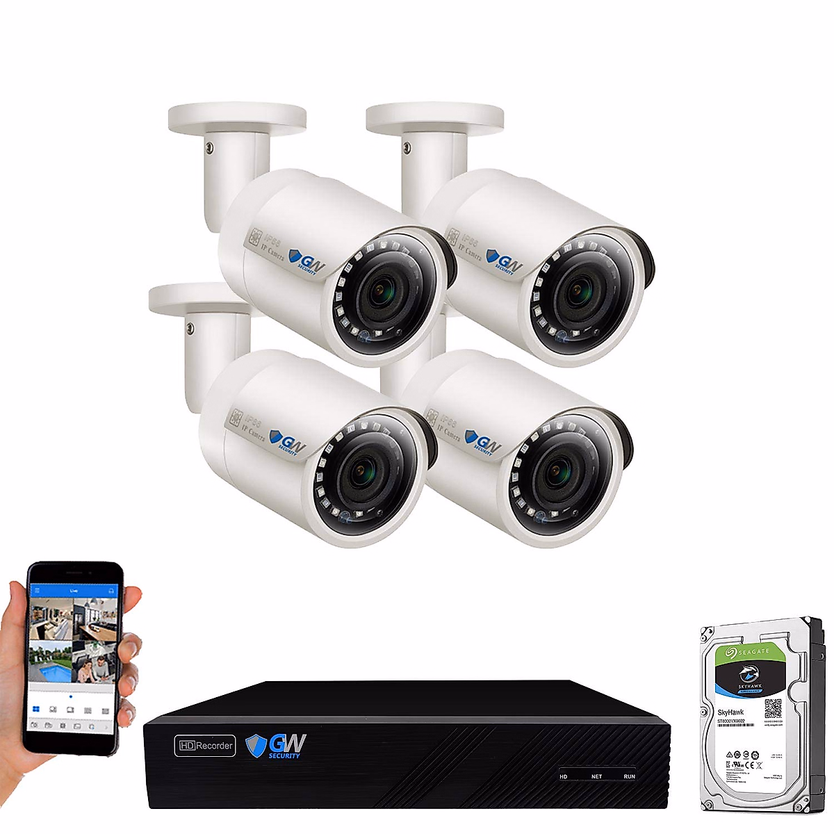 GW Security 8 Channel 4K NVR 5MP POE Audio & Video Security Camera System - Four 5MP 1920P AI Human & Vehicle Detection Weatherproof Bullet Cameras, Built in Microphone, Quick QR Code Easy Setup