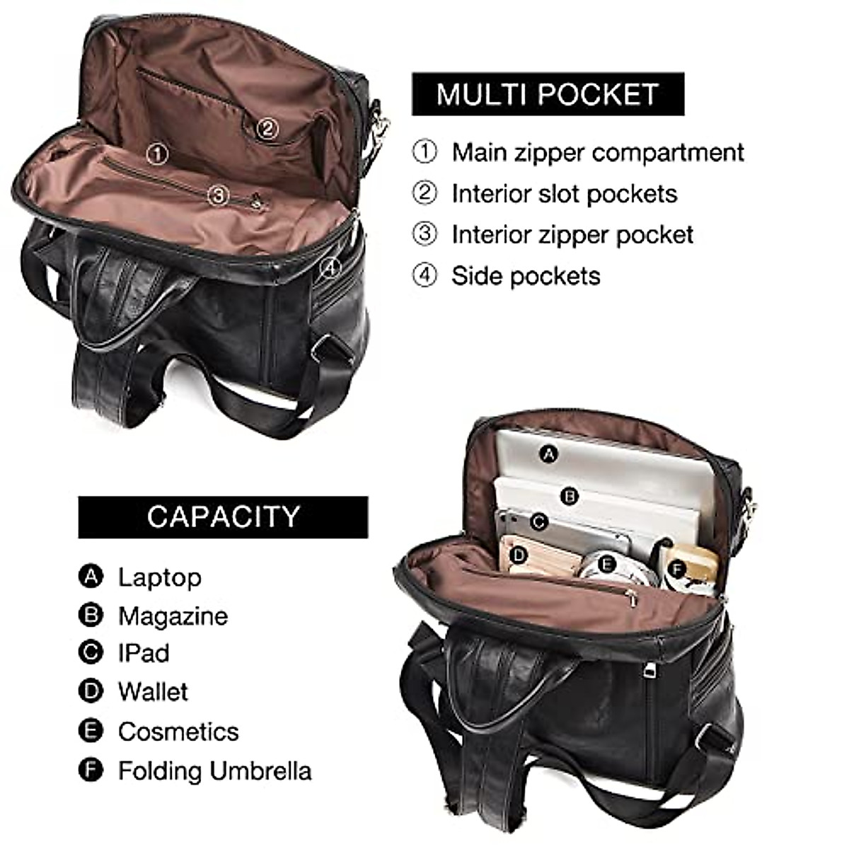 FOXLOVER Leather Backpacks for Women Fashion Travel Large Purse Ladies Shoulder Satchel Bag (Black)