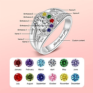 BAUMA AUTO Sterling Silver Personalized Mothers Ring with 1-8 Simulated Birthstones Engraving Family Name Ring for Mother Grandma