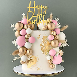 Pink Balls Cake Topper Boho Grass Cake topper Pink White Gold Pearl Balls Happy Birthday Cake Decorations for Wedding Baby Shower Birthday Boho Themed Party Supplies (Pink)