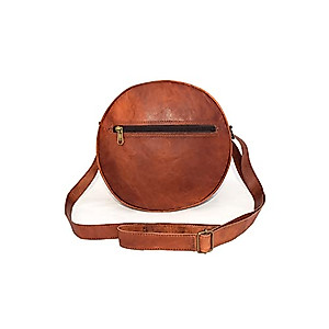 Handmade Vintage Leather Crossbody Bag Women/Teen Girls Satchel Handbag Round Messenger Sling Bags, 10 Inch Small, Brown