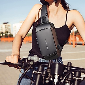 LELEBEAR Anti Theft Sling Bag, Usb Charging Sport Sling Anti-Theft Shoulder Bag, Sling Bag for Men Anti Theft Waterproof (A-Gray Brown)