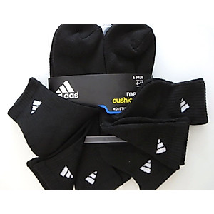 adidas 6 Pair Mens Quarter Crew Cushioned Socks Shoe Size 6-12 (Solid Black/White)