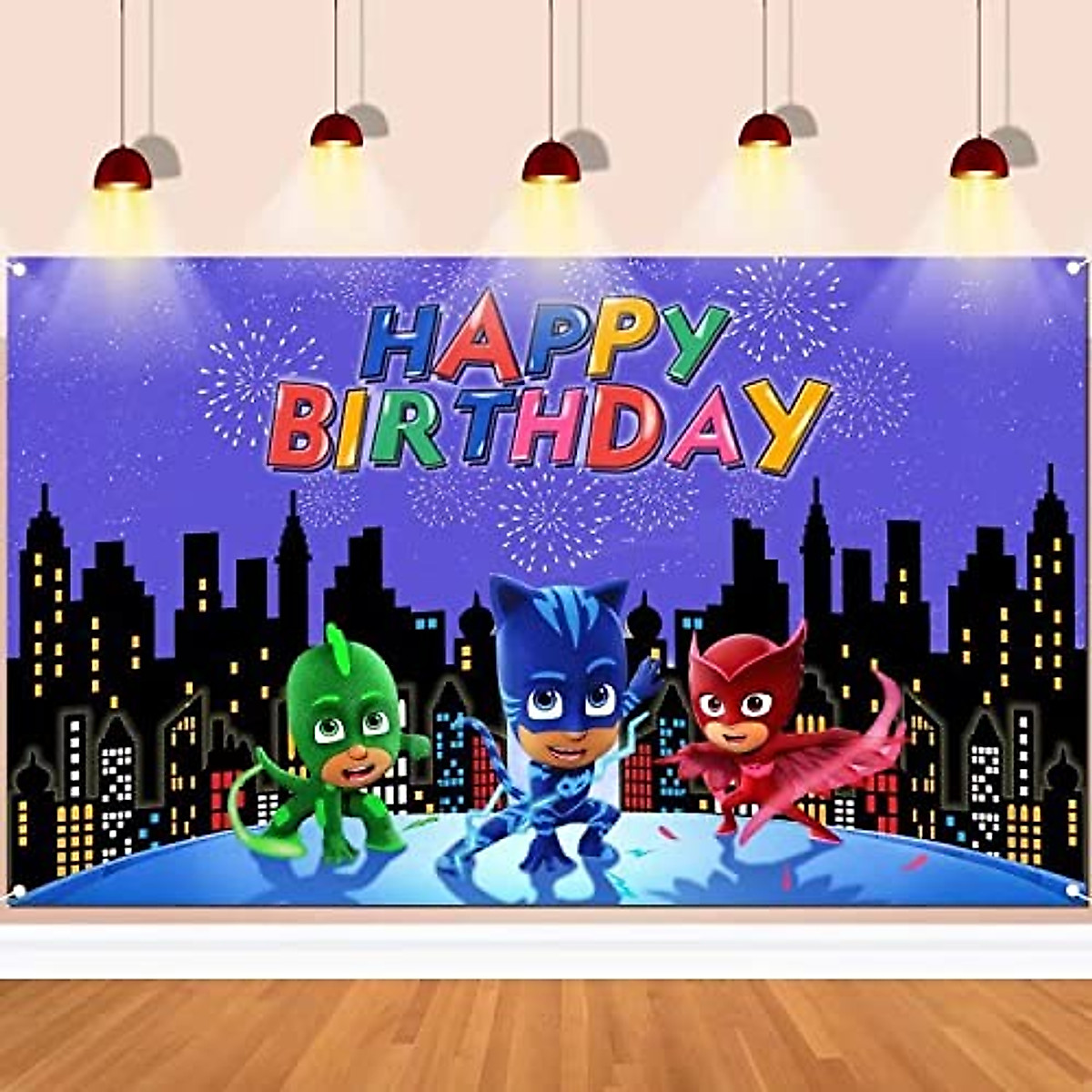 Bnuwue Mask Superhero Party Backdrop - 5x3ft Super City Birthday Backdrop Fireworks Cityscape Mask Party Supplies Backdrop for Baby Shower, Photo Booth Props