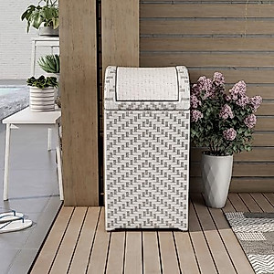 Greemotion Azur Modern Aluminum and All-Weather Wicker Outdoor Trash Can with Push Lid for Outdoor, Patio, Pool Area, Garden, Gray and White