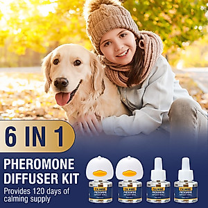 Dog Calming Pheromones Diffuser 6 in 1 Kit Appeasing Pheromone Diffuser to Calm (2 Plug in+4 Pack 48ml Refill) for Anxiety Relief Reduce Aggression Fighting Barking Stress 120 Day Supply(Tasteless)