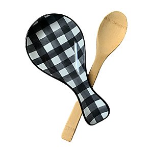 YLF Collections Buffalo Plaid Spoon Rest & Spoon Set, Large Black & White Spoon Rest with Bamboo Spoon, 10.25x4.9x1