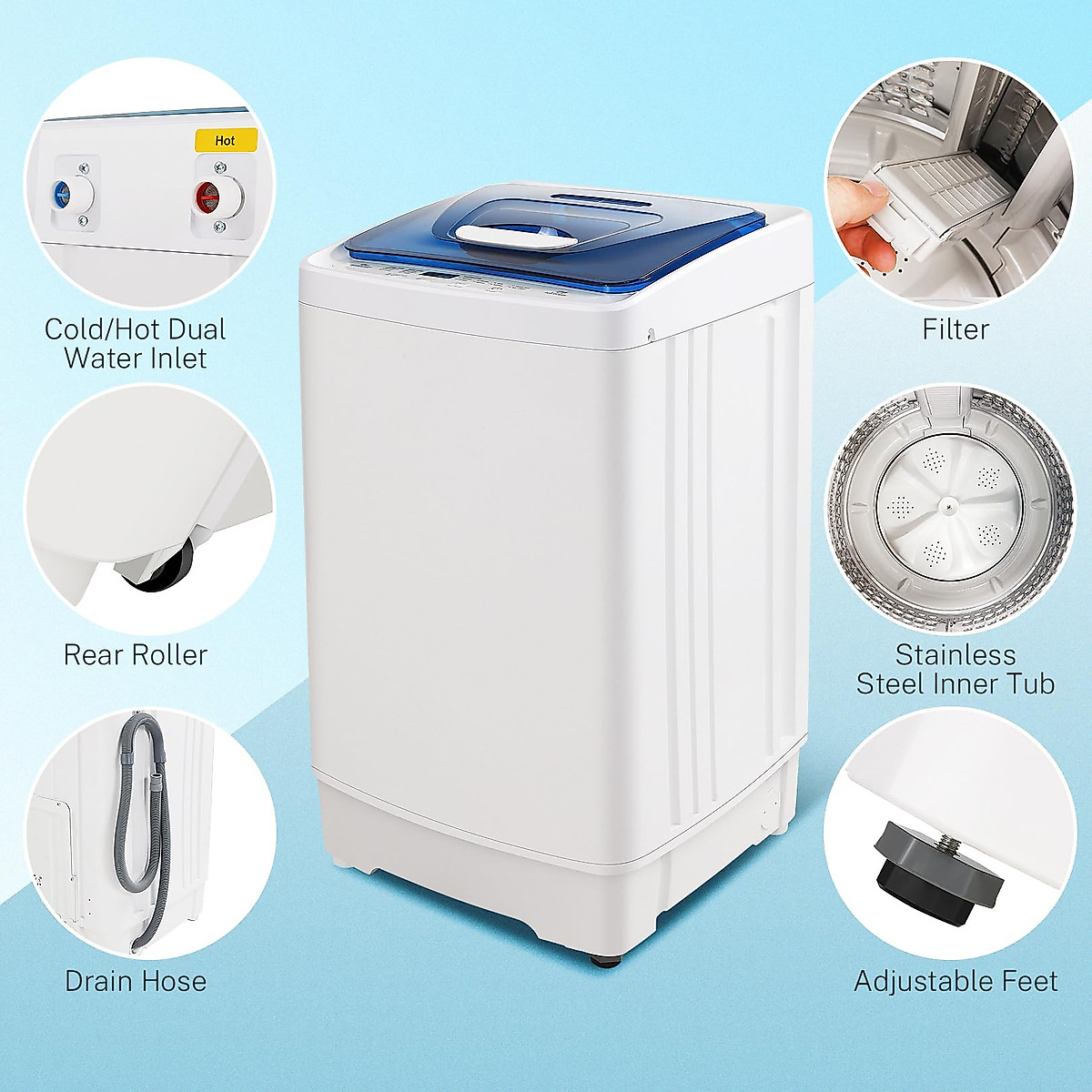 Nictemaw Portable Washing Machine, 17.8Lbs Capacity Full Automatic Portable Washer, 2.3 Cu.ft Portable Washer Dryer Combo with 8 Cycles, LED Display, Drain Pump for Apartment, Dorm, RV