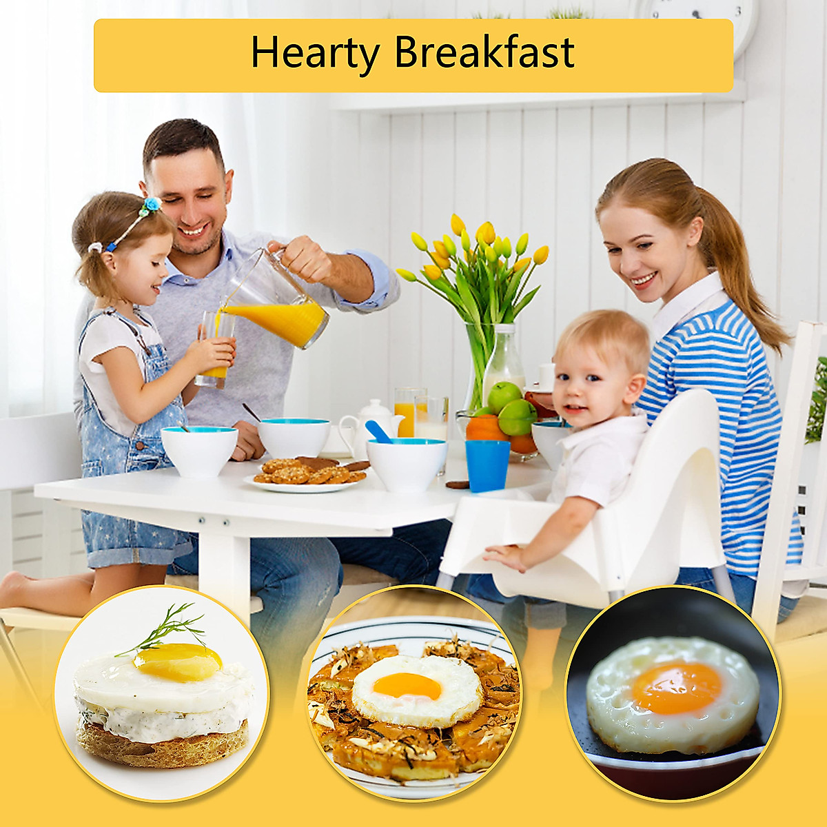 KLEINKITCH Egg Rings – 5 Piece Set of 2 Small and 2 Large Egg Molds for Frying Eggs with Oil Brush Plus Recipe EBook – Professional Portable Round Egg and Pancake Rings – 3 Inch and 4-Inch Sizes