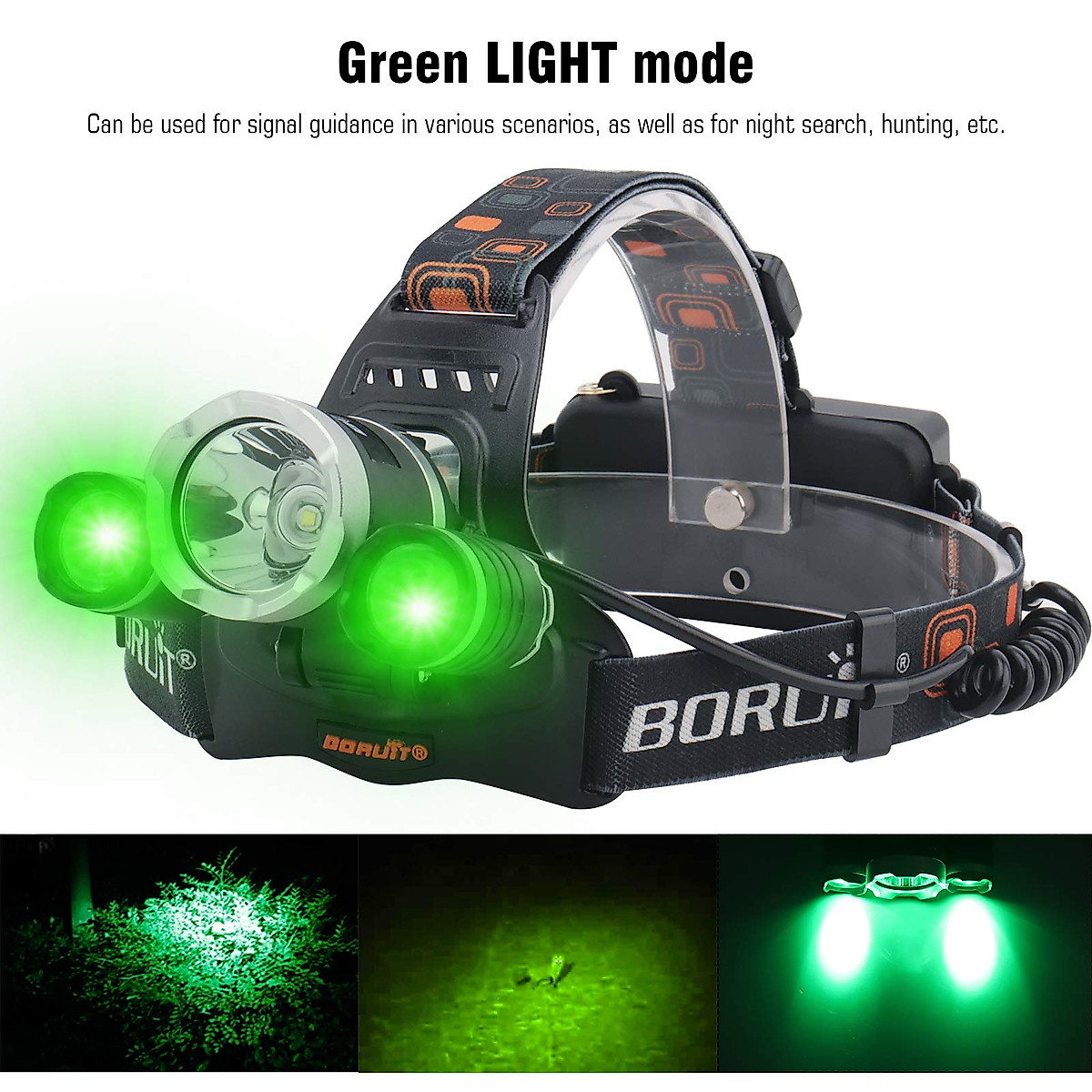 BORUIT RJ-3000 LED Green Headlamp,3 Modes White and Green LED Hunting Headlight,USB Rechargeable 5000 Lumens Tactical Head lamp for Fishing Running Camping Hiking