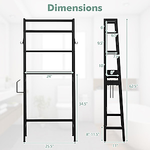 HAPPYGRILL Over The Toilet Storage, 3-Tier Over The Toilet Rack, Bathroom Space Saver w/ 2 Hanging Hooks, Adjustable Bottom Bar & Toilet Paper Holder, Metal Over Toilet Bathroom Organizer (Black)