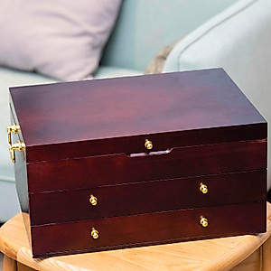 GENRICE Wooden Silverware Chest without Silverware Three-layer, Silverware Box Storage for Silver, Silverware Case with Handle and Felt Lined, Flatware Chest for 12 or 16 or more sets of Utensils