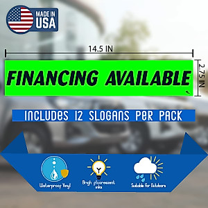 Versa Tags Windshield Slogan Stickers 12 Pack Each of Buy HERE Pay HERE, FINANCING Available, Warranty, Save, Sale (60) Window Stickers Total Dealership Stickers Black On Green