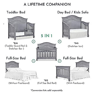 Evolur Cheyenne 5 in 1 Full Panel Convertible Crib in Storm Grey, JPMA & Greenguard Gold Certified, Crafted Out of kiln-Dried Hardwood, Features a high-Arch headboard & 3 Mattress Height Settings