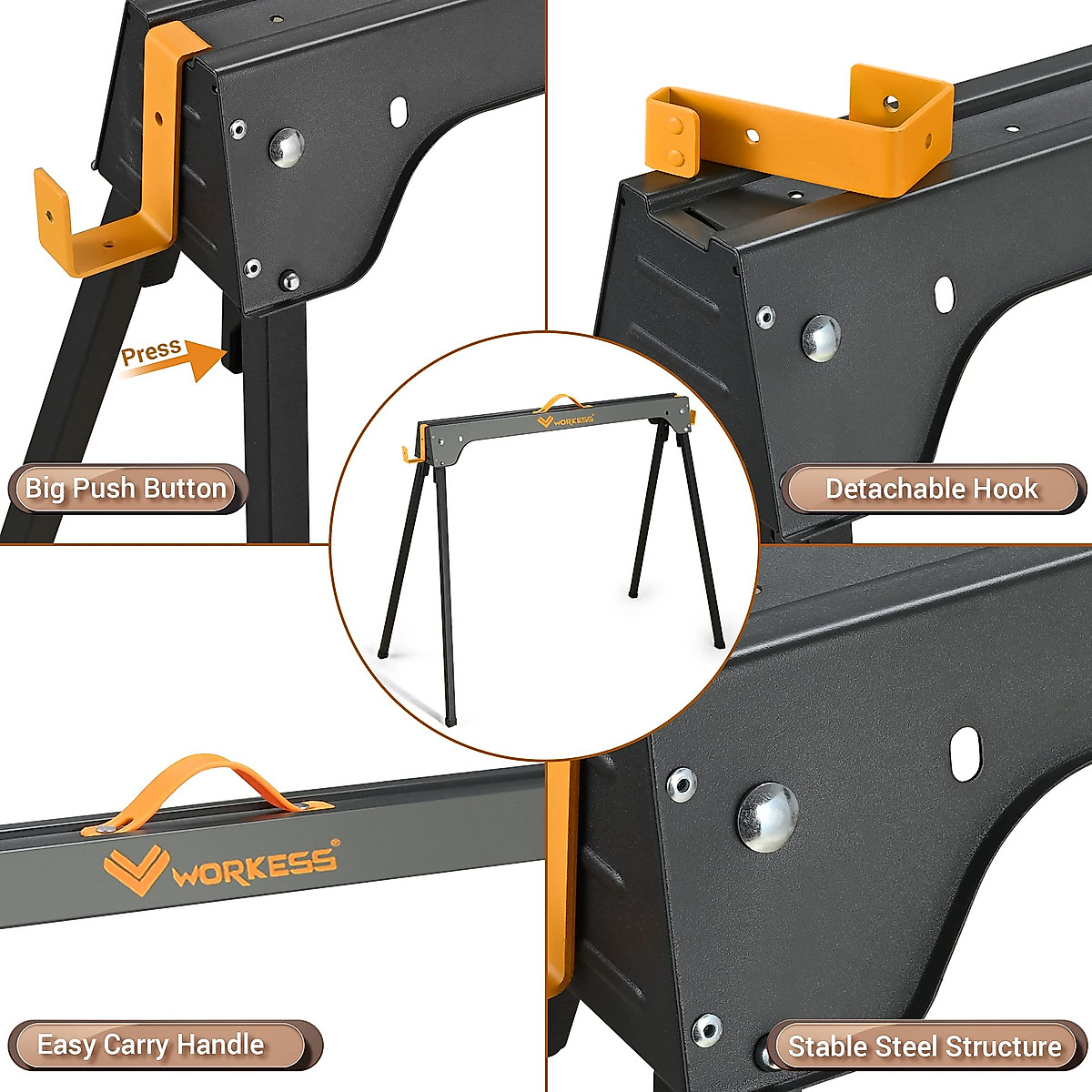 WORKESS Saw Horses 2 Pack, Heavy Duty Folding Portable Saw Horses Table 2200 Lbs Load Capacity with 2x4 Support Legs, Fast Open Legs and Easy Grip Handle for Woodworking.