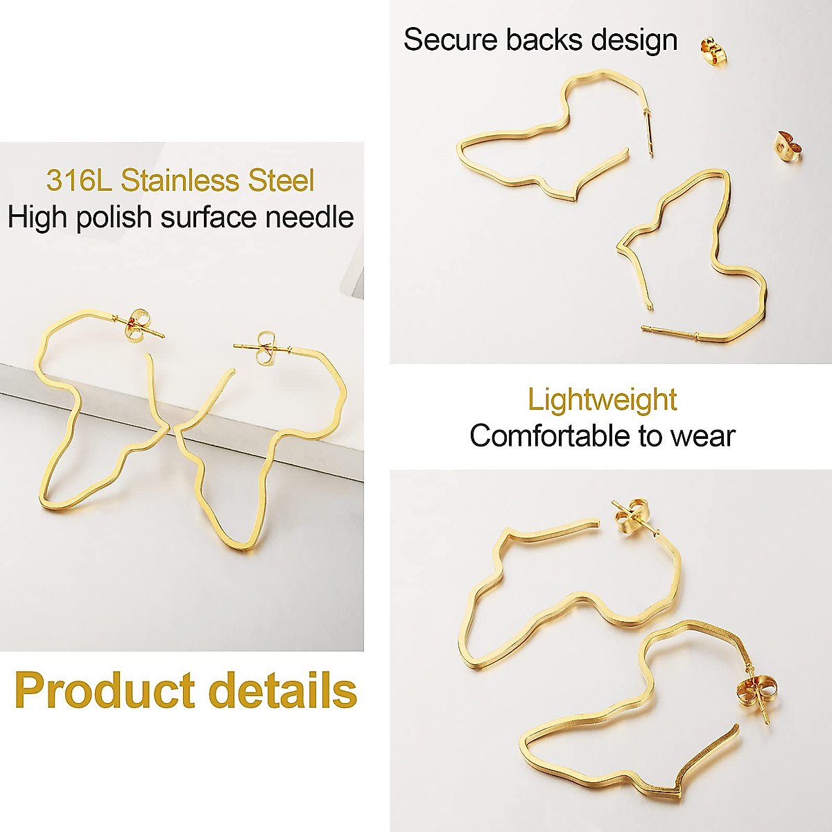 Junkin 6 Pairs African Map Earrings for Black Women 3 Sizes Hollow Dangle Earrings Jewelry Gift Juneteenth Black History