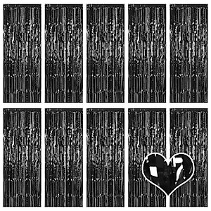 10 Pack Black Backdrop Curtain 3.2ft x 8.2ft Metallic Tinsel Foil Fringe Curtains Photo Booth Background for Birthday Party Decoration Baby Shower Engagement Wedding Christmas Decoration (Black)
