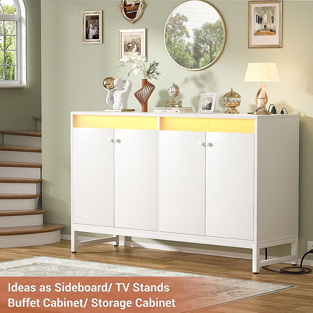 Aheaplus Sideboard Buffet Cabinet with Power Outlet, Kitchen Storage Cabinet with LED Light & Doors, Accent Cabinet Cupboard Buffet Table with Storage for Dining Room, Living Room, Hallway, White