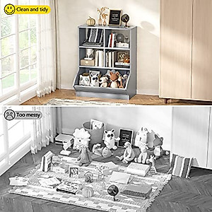 Aheaplus Toy Storage Organizer with Bookcase, 5 Cubby Bookshelf Toy Storage Cabinet, Open Multi-Bins Toys&Books Storage Display Organizer for Playroom, Bedroom, Living Room, Grey