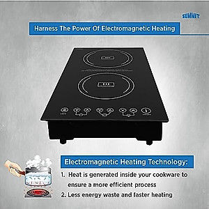 Summit SINC2220 12-inch 2 burner Digital Electric Induction Cooktop with 7-piece cookware set, Jet Black Glass, 230V, 3100W, LED Display, 8-Power Level, Timer, Easy Plug-In, Easy to Clean