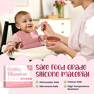 Koddlers Silicone Baby Feeding Set - Baby Led Weaning Supplies - Baby Suction Plate and Bowl Set - Baby Self Feeding Spoons Forks Sippy Cup and Bib - Baby Eating Utensils for 6+ Months (Pink)
