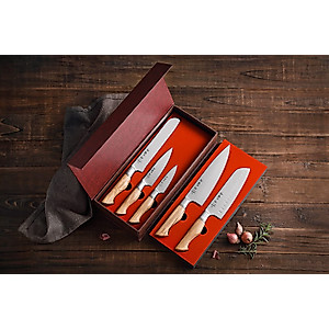 HEZHEN-Sweden Sandvik Stainless Steel Knife Set 5PCS, Forged Kitchen Knives Cooking Tools, Olivewood Handle + Maple Wood Magnetic Knife Strip Knife Bar